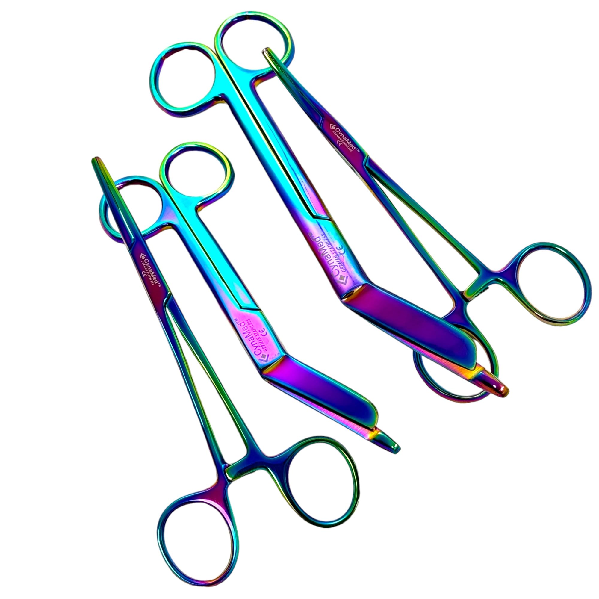 CynaMed German Nurses Doctor Lister Bandage Scissors 7.25" +5.5" + HEMOSTAT Forceps Str +Cvd 5.5" Multi Color Rainbow Color Stainless Steel - (Set of 4)
