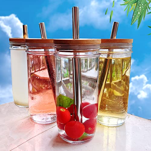 Glass Cups Set( 4 Pack) - 24oz Mason Jar with Lid and Straw Reusable Iced Coffee Cup Wide Mouth Bubble Cups, Smoothie Bobo Cup w 12 Airtight Lids Brush, Travel Glass Drinking Bottle, Juice