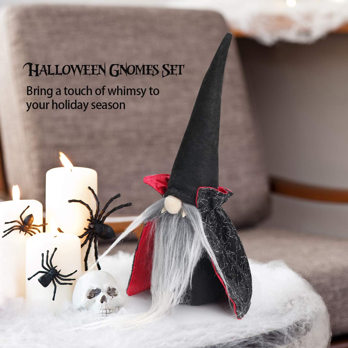 D-FantiX Halloween Gnomes Plush Decor, 2 Pack Handmade Tomte Swedish Gnome Nisse Scandinavian Vampire Gnomes Ornaments with Black Witch Cloak Hat Halloween Table Decorations Gifts