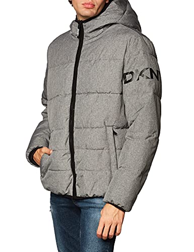 DKNY Men's Water Resistant Ultra Loft Hooded Logo Puffer Jacket, Heather Grey, Small