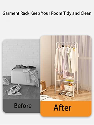WEASHUME Clothes Rack with 2-Tier Metal Bottom Shelves Portable Garment Rack Double Rod Coat Rack for Bedroom Hanger Clothes ,Shoes Rack White