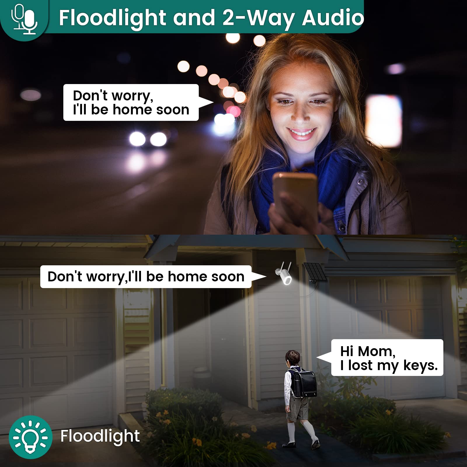 EUKI Solar Security Camera, 2K Security Camera Outdoor, Floodlight Camera, 800 Lumen LED, WiFi, Wireless, Full Color Night Vision, AI Human-Detection, Audible and Visual Alarm, Battery Solar Powered.