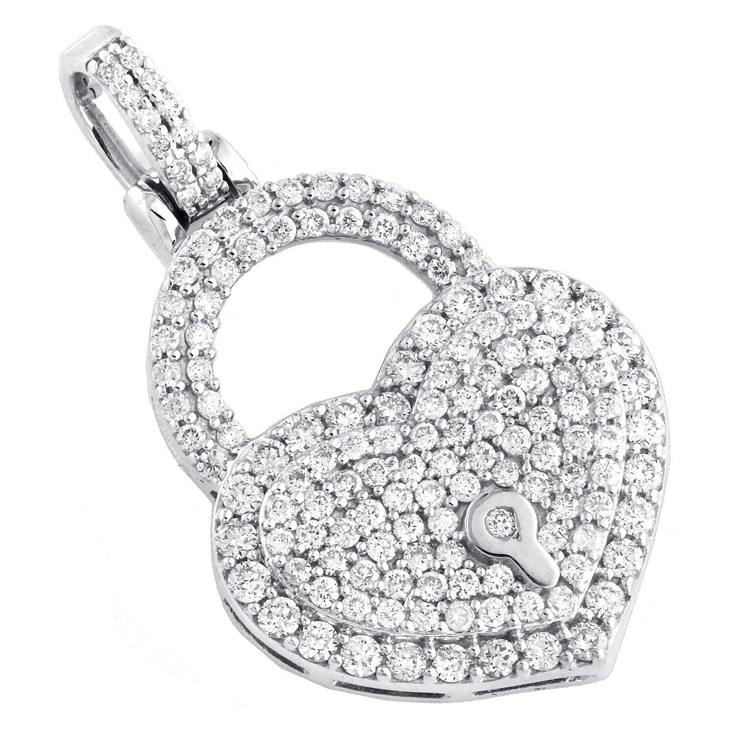 DTJEWELSS 10K White Gold Finish Round Cut Diamond Heart & Lock Pendant 1.20" Statement Charm 1.50 CT.