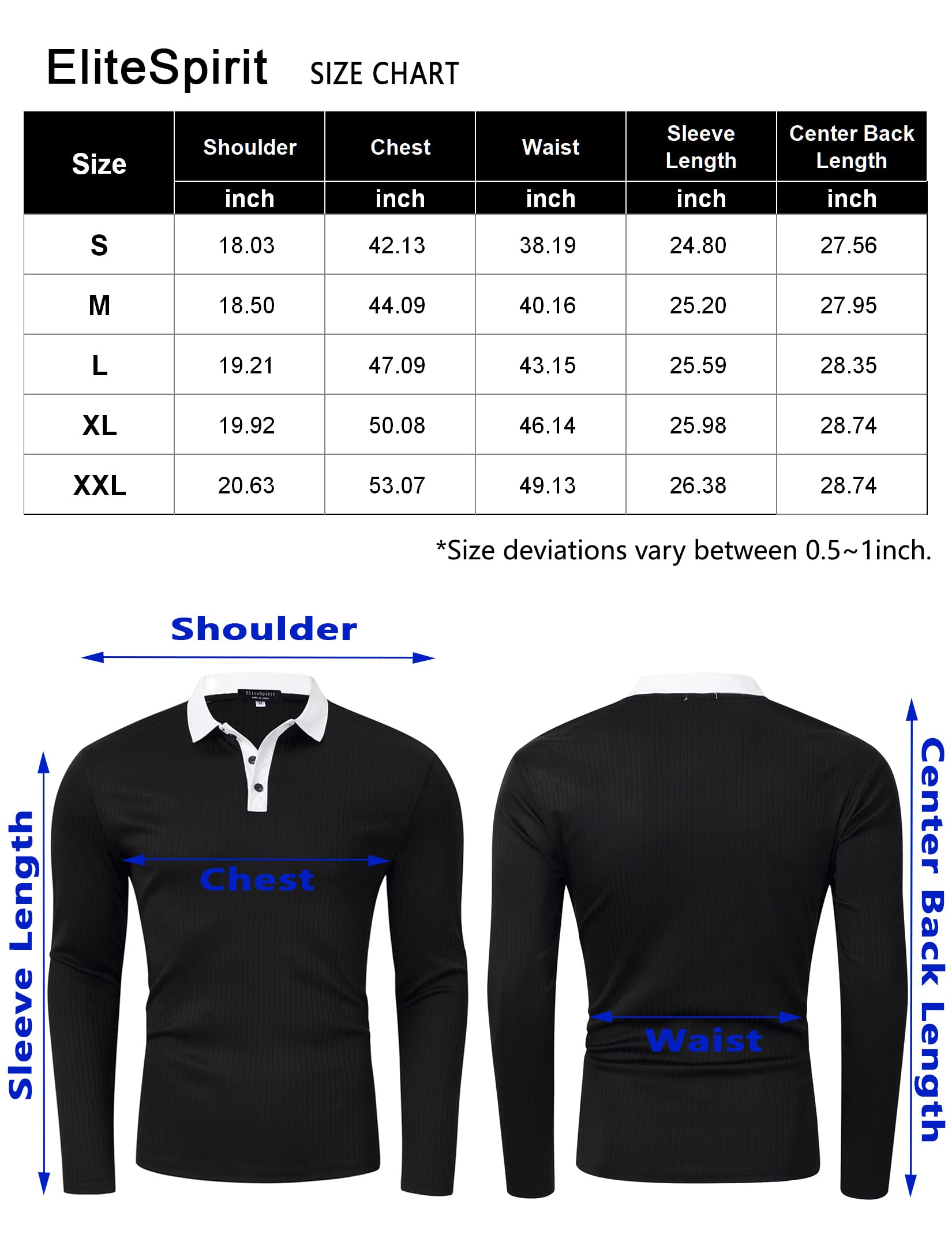 EliteSpirit Mens Long Sleeve Polo Shirts Casual Polka Dot Collared Golf Shirt with Pockets Black XL