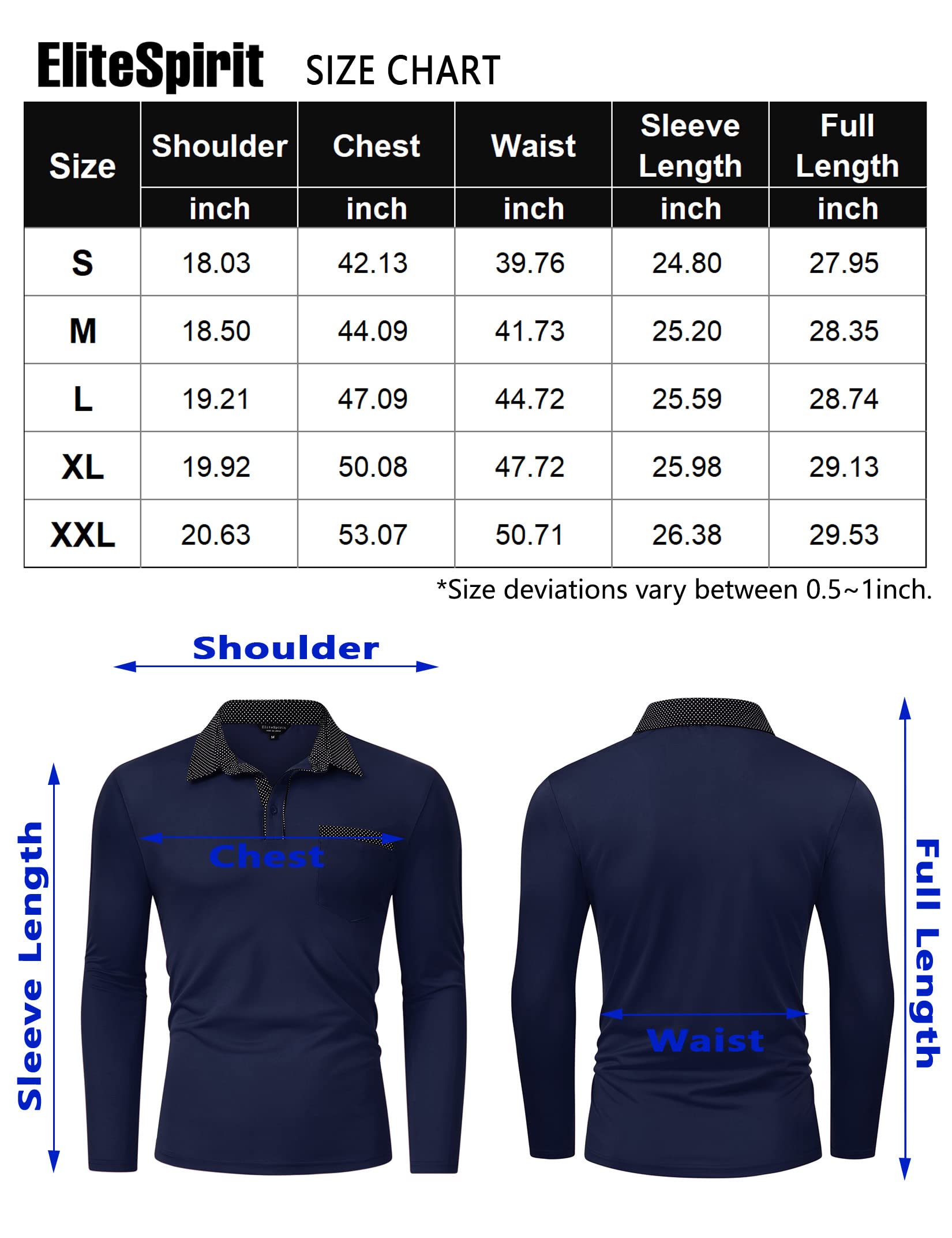 EliteSpirit Mens Long Sleeve Polo Shirts Casual Polka Dot Collared Golf Shirt with Pockets Navy Blue XL