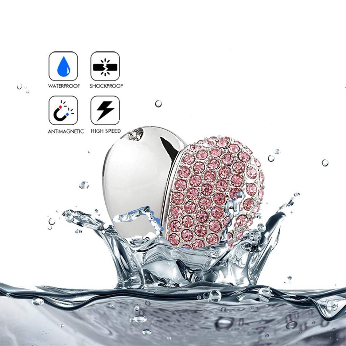 EcooDisk 128GB USB 3.0 Flash Drive Diamond Heart Shape Zip Drive Jewelry Necklace Memory Stick Thumb Drive Cute Pen Drive Fun USB Stick Data Storage