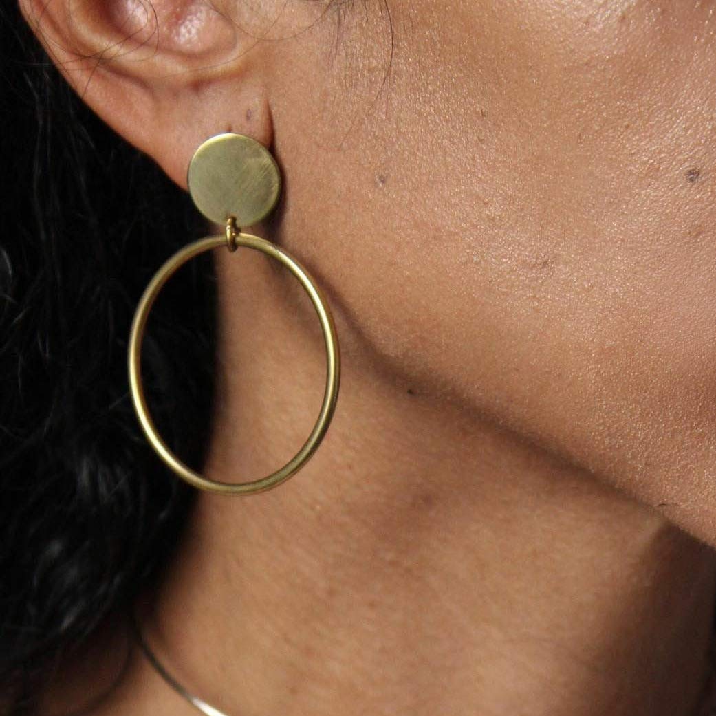 Doubnine Retro Hoop Earrings Bronze Boho Circle Matte Gold Disc Earrings Stud Chic Jewelry for Women