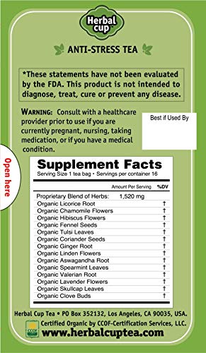 Herbal Cup Ayurveda Tea, Organic Anti-Stress, No Caffeine Herbal Supplement (Anti-Stress, 16 Count (Pack of 1))