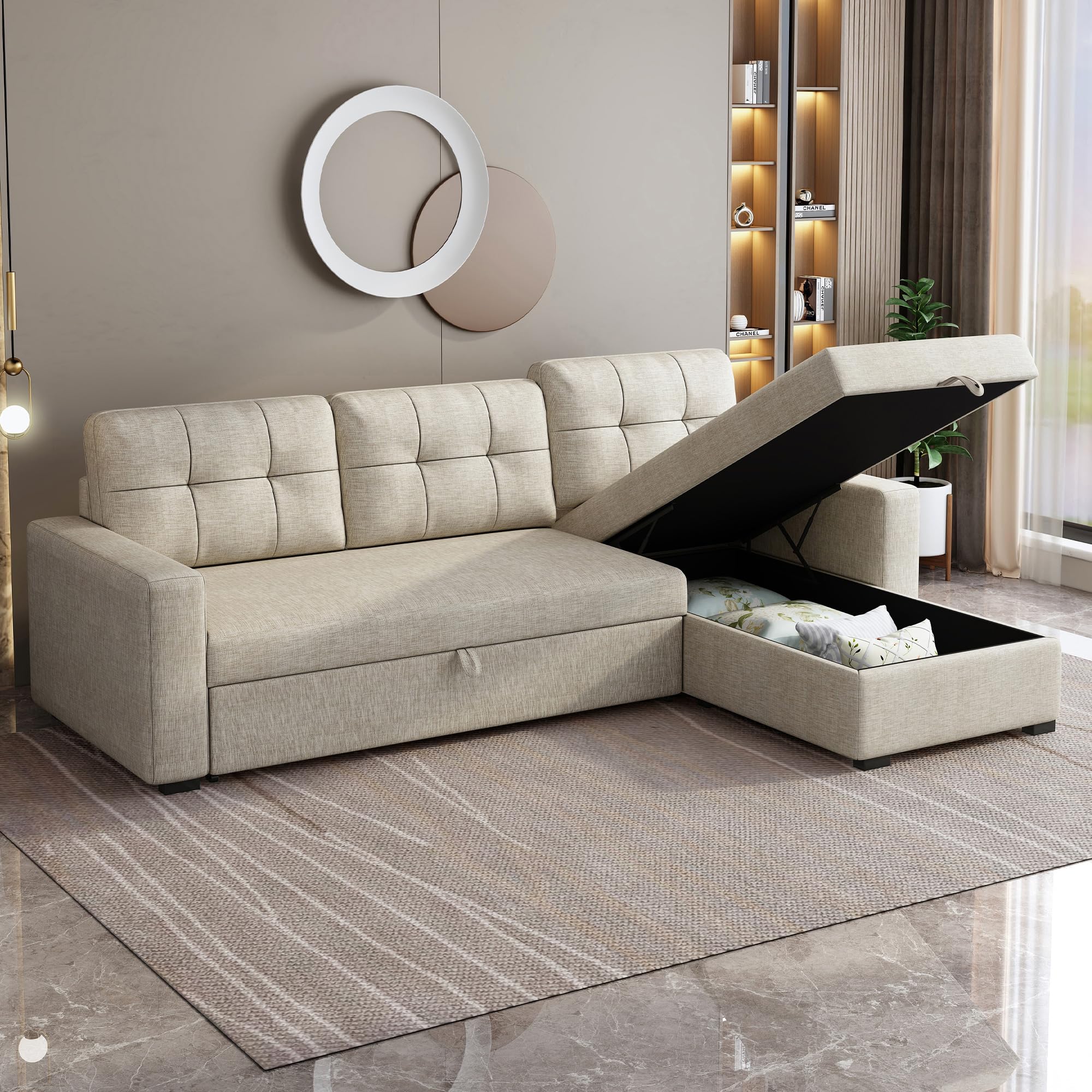 Jintop Upholstered Sectional Storage Chaise and Pull, L-Shape Convertible Corner Couch, Reversible Sleeper Sofa-Bed,W/ 3 Back Cushions,for Living Room,Office,(Dark Grey)