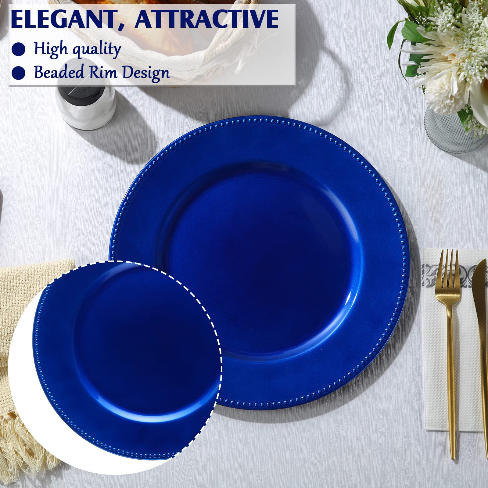 Gerrii 12 Pcs Metallic Bead Charger Plates 13 Inch Plastic Round Charger Plates Bulk Wedding Beaded Chargers for Dinner Plates, Table Party Event Decoration (Navy Blue)
