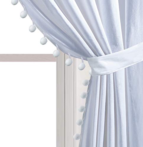 Masterplay Modern 4 - Piece Premium Solid White Velvet Curtain Set with Pom Pom Trim. Drapes/Window Panels 116" Wide X 84" Tall