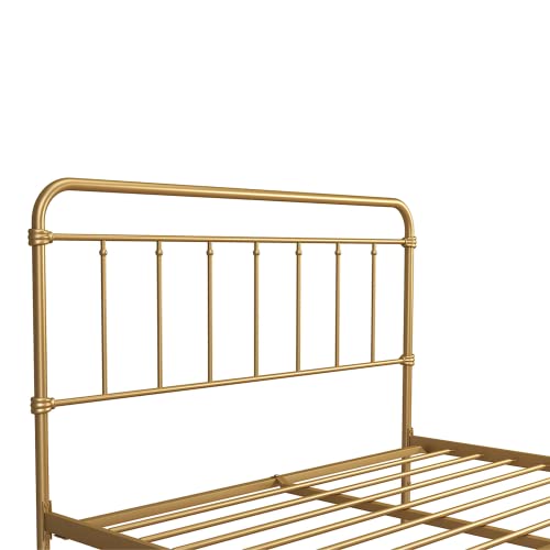 DHP Winston Metal Platform Bed with Rustic Design and Curved Edge Headboard and Footboard, Adjustable Base Height for Underbed Storage, No Box Spring Needed, Queen, Gold