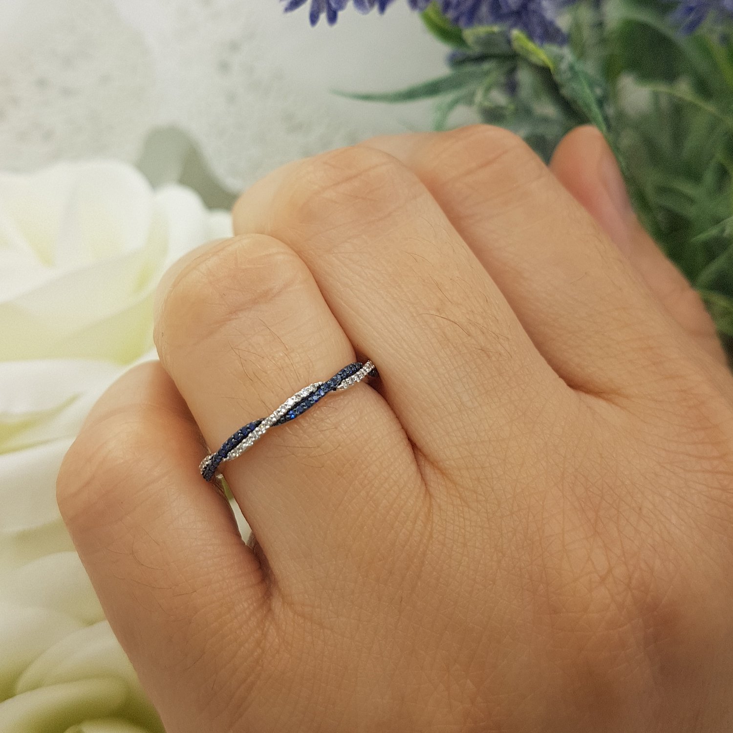 Dazzlingrock Collection Round Blue Sapphire & White Diamond Swirl Stackable Ring for Women in 14K Solid White Gold, Size 5