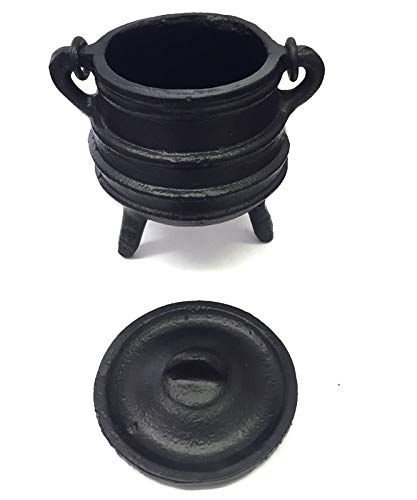 New Age Imports, Inc. Cast Iron Cauldron w/handle & lid, ideal for smudging, incense burning, ritual purpose, decoration, halloween decoration, candle holder, etc. (Ribbed Style 4" High, 2.25" Dia)