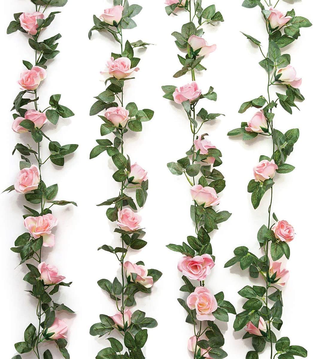 Yebazy 2PCS(16FT) Fake Rose Vine Garland Artificial Flowers Plants for Hotel Wedding Home Party Garden Craft Art Decor (Pink)…
