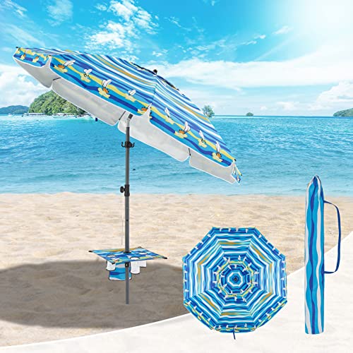 Magiea 7ft Beach Umbrellas For Sand Heavy Duty Wind, Portable Beach Umbrella UPF 50+ Windproof Outdoor Beach Umbrella with Sand Anchor, Tilt Pole, Carry Bag, Table Tray, Vent and Hook