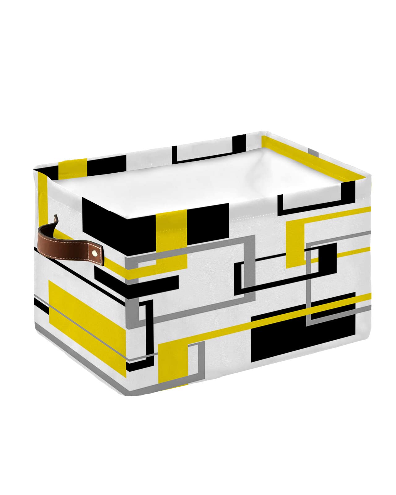 Cube Storage Bins Cloth Towel Organizer Mid Century Abstract Modern Geometric Pattern Square Yellow Black Fabric Collapsible Storage Baskets with Handles 1 Pack