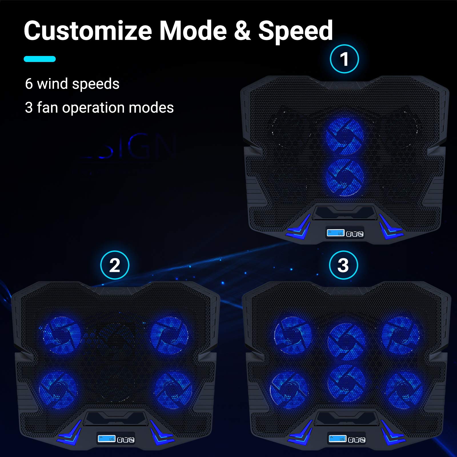 Gaming Laptop Cooling Pad, Adjustable Laptop Cooler Cooling Pad with 6 Quiet Blue LED Fans, Laptop Fan Cooling Pad for 15.6-17.3 Inch Laptop, Cooling Fan for Laptop with Dual USB Ports & 1 Cable