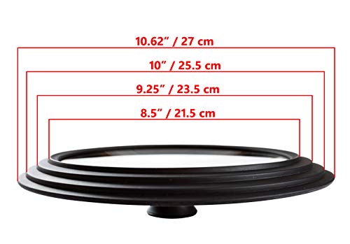 Glass Lid Universal - Graduated Kitchen Lids Multisize 8.5β / 21.5 cm, 9.25β / 23.5 cm, 10β / 25.5 cm (outer edges 10.6β / 27 cm) Diameter for Pots and Pans, Heat Resistant Silicone Rim, Round Black