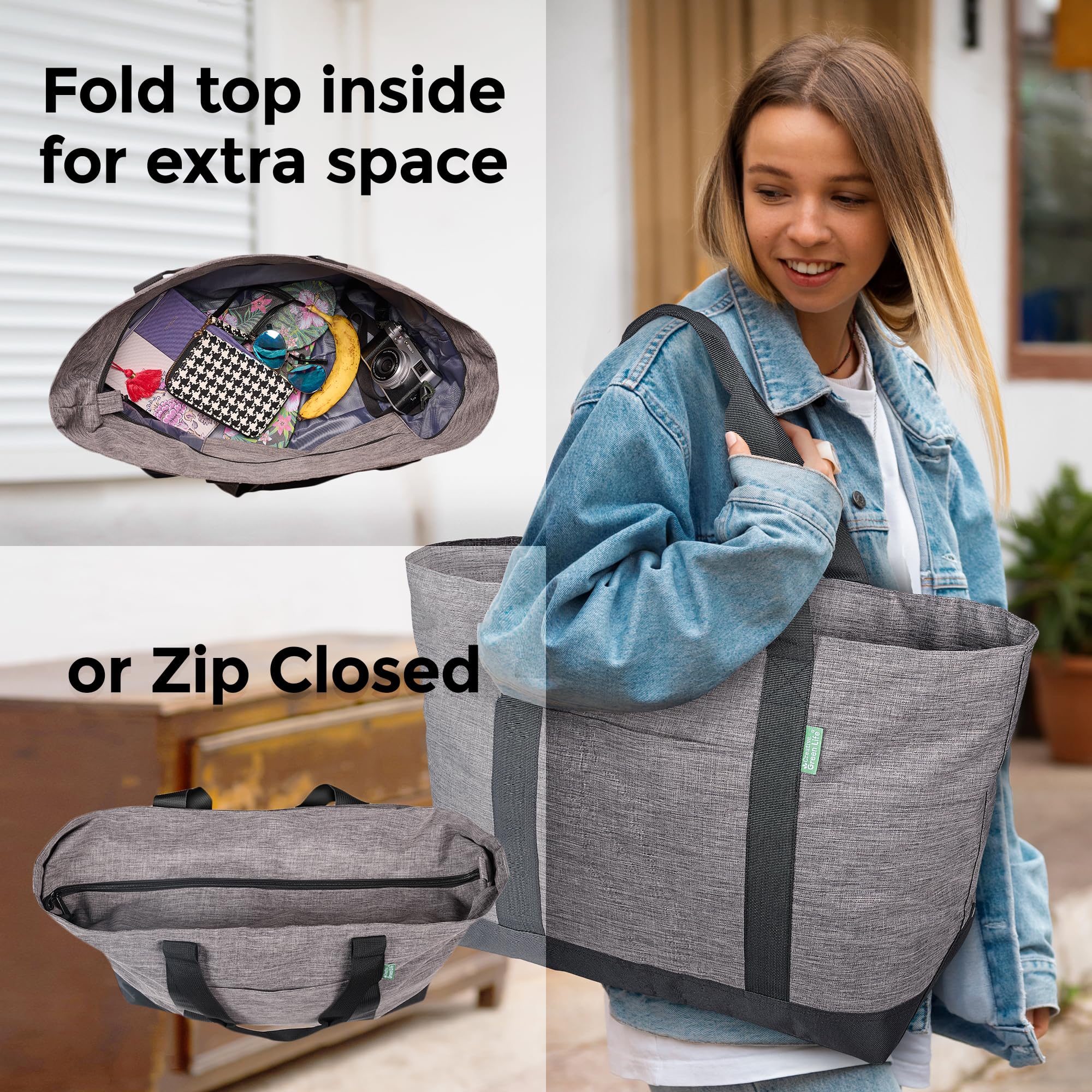 Creative Green Life Extra Large, Sturdy Tote Bag for Women (Gray) | Easy Grip and Extra Large Travel Tote Bag with Zipper | Women Tote Bag for Work