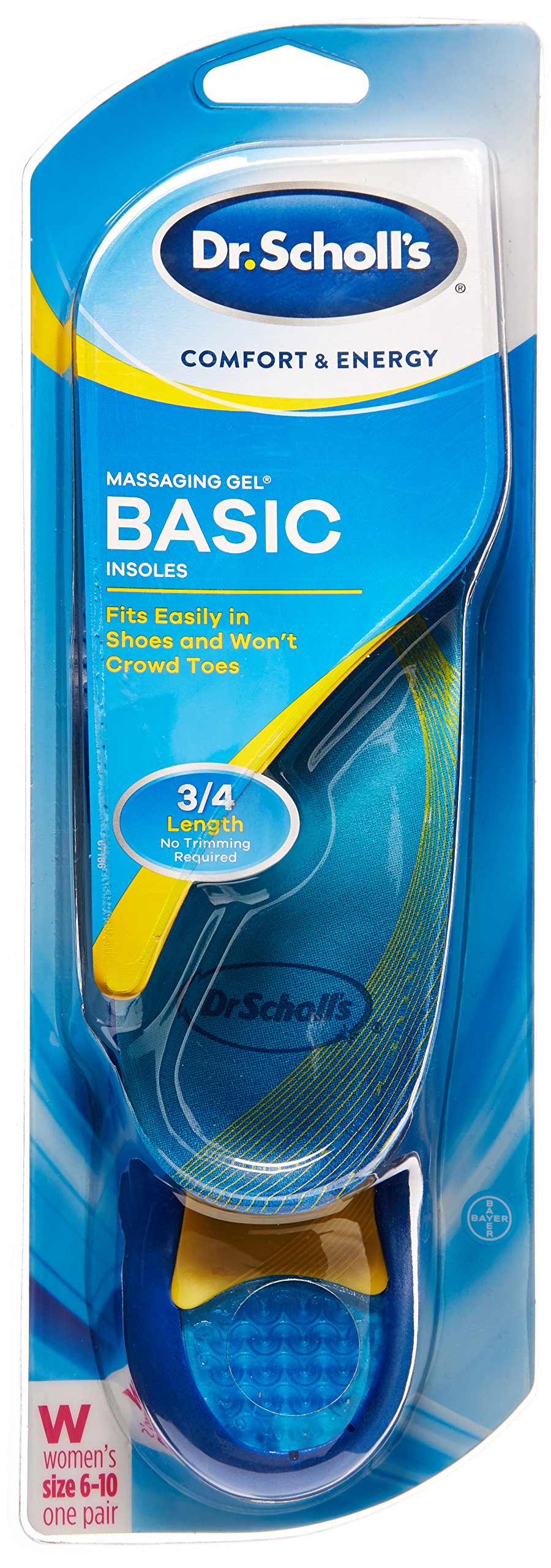 Dr. Scholl's Massaging Gel BASIC Insoles (Men's 8-12, Women's 6-10) // 3/4 Foot Length Fits Easily in Shoes