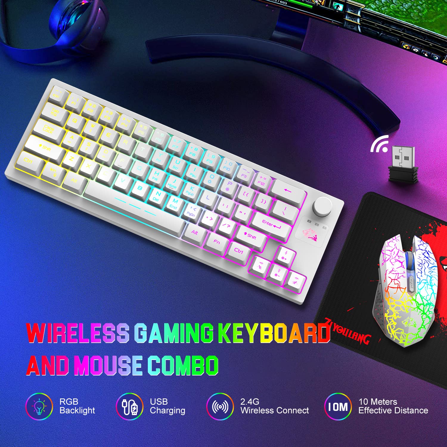 FELICON Small Double Color Keyboard and Mouse Combo, Rechargeable RGB Backlit 64 Key TKL Mechanical Keyboard and Crack Backlight Mouse, Mouse Pad for PC, MAC, Gamer