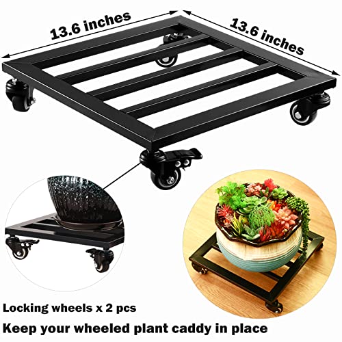 Large Metal Square Plant Caddy with Wheels 13.6β Iron Wrought Rolling Plant Stand with Casters Heavy-Duty Plant Dolly for Indoor and Outdoor Plant Pot Roller Base Square Plant Movers, Glossy Black
