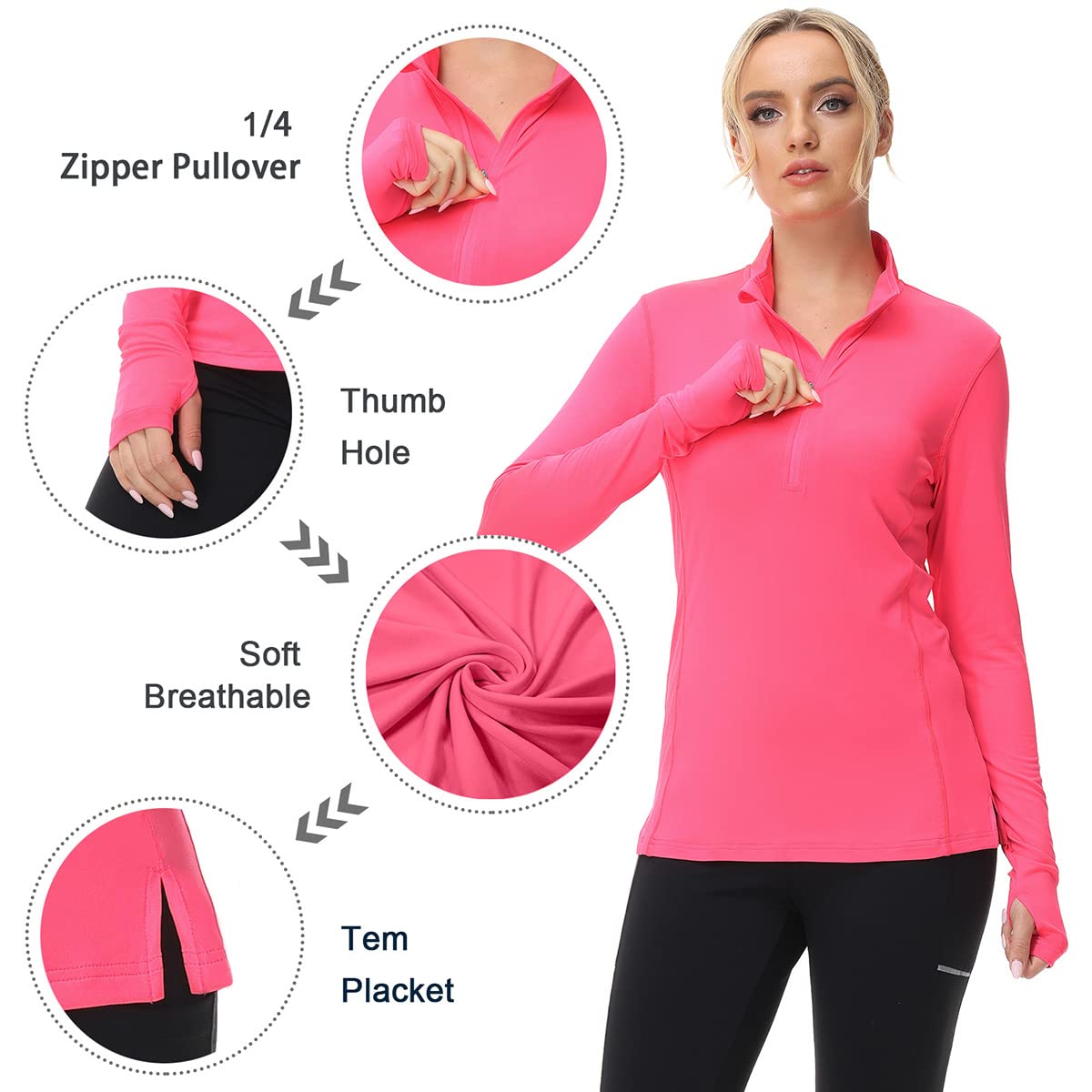 Corna Womens Long Sleeve Tennis Shirts Half Zip Golf Pullover UPF 50+ Sun Protection SPF Running Workout Shirts with Thumb Holes Rose red XL