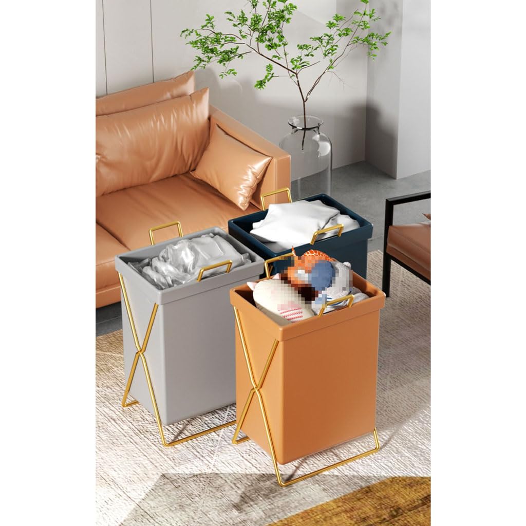 JITEM Cesto X-Frame Collapsible Laundry Basket w/Leather Bag Sorter Organizer Black/Gold Metal Frame Laundry Hamper Luxury Folding Dirty Clothes Basket w/Lid Dorm Washing Bin