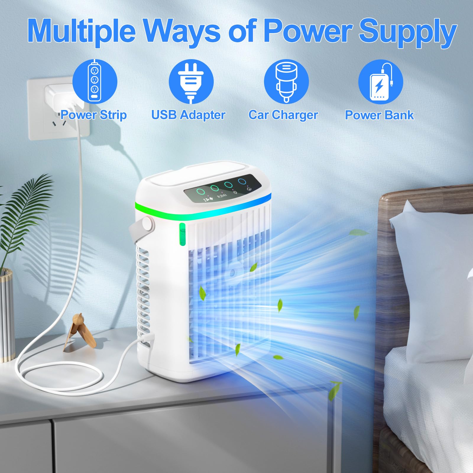 Evaporative Air Cooler, PERKDS Portable Air Conditioner with Quiet, 3 wind speeds & 2 Cool Mist with Colorful Night Light, Mini air conditioner for Bedroom Room Car Office