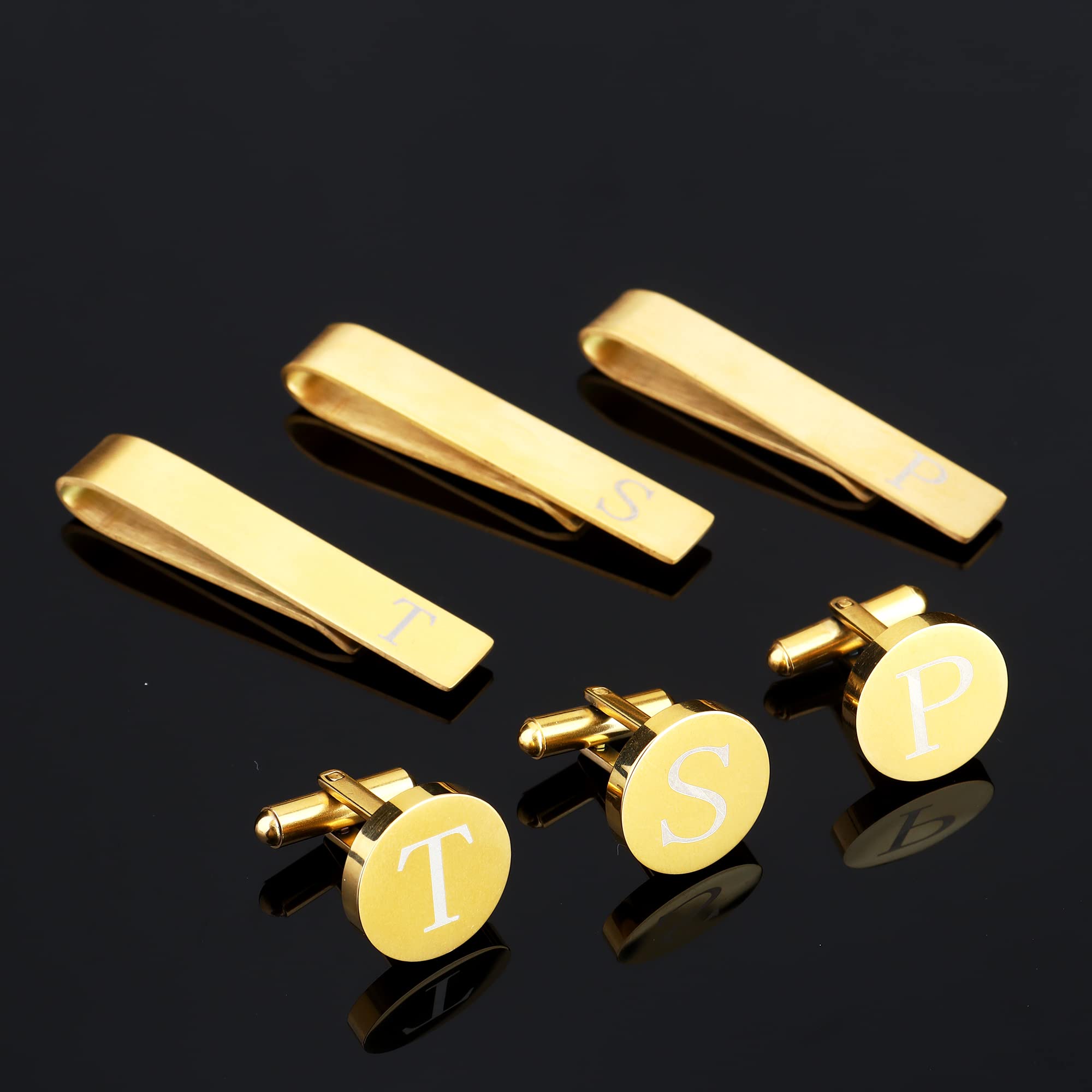 Diamday Cuff Links and Tie Clips Set Personalized Cufflinks for Men Gold J Initial Cufflinks Men's Link Shirt Studs Tie Letter Tie Clips and Cufflinks Set with Box Groomsmen Gift for Him