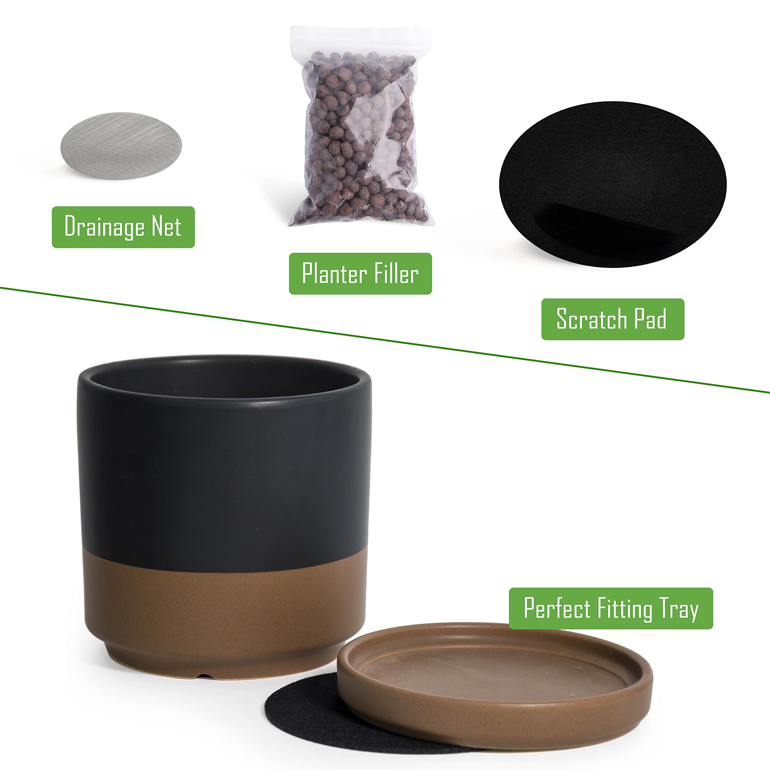 D'vine Dev 6 Inch Ceramic Planter Pot with Drainage Hole and Saucer, Indoor Cylinder Round Planter Pot, Black/Speckled Tan, 94-O-S-7