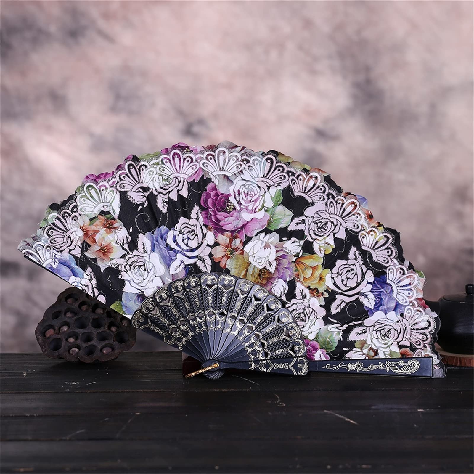 DUO ER Chinese Style Hand Held Folding Dance Fan Wedding Party Lace Folding Hand Held Flower Fan Summer Wedding Fan Party (Color : Blue)