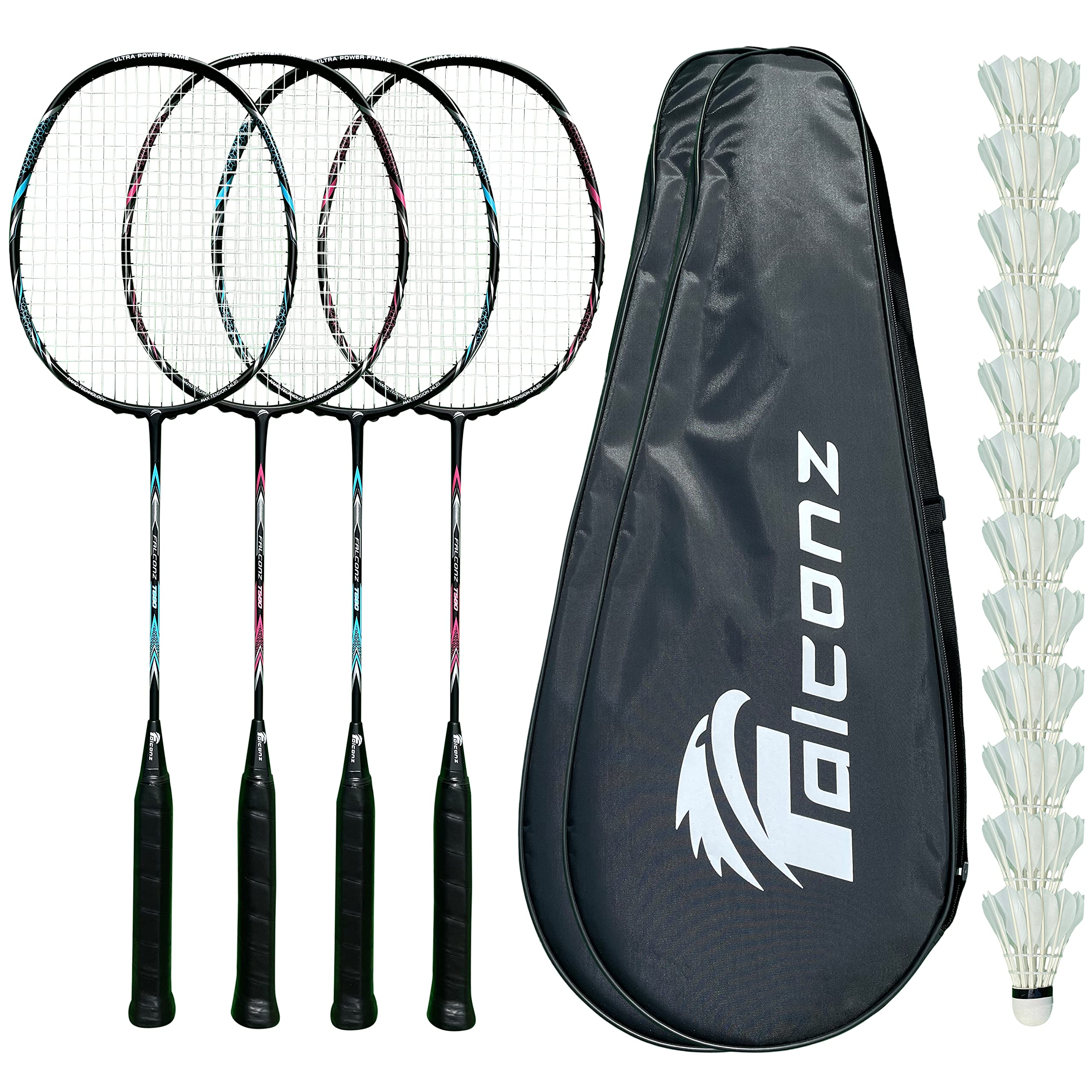 Falconz Badminton Set - 4 Graphite-Glass Fiber Rackets (80g-84g), 12 Goose Feather Shuttlecocks and 2 Racket Bags