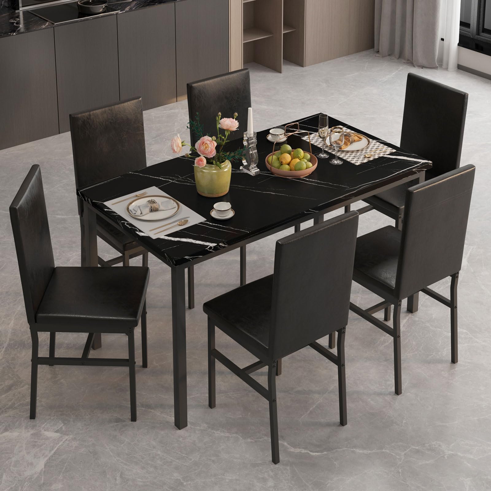 Dining Table Set for 6, Kitchen Table with 6 Chairs,Faux Marble Tabletop & 6 Leather Upholstered Chairs for Dining Room,Kitchen, Dinette, Breakfast Nook(Black)