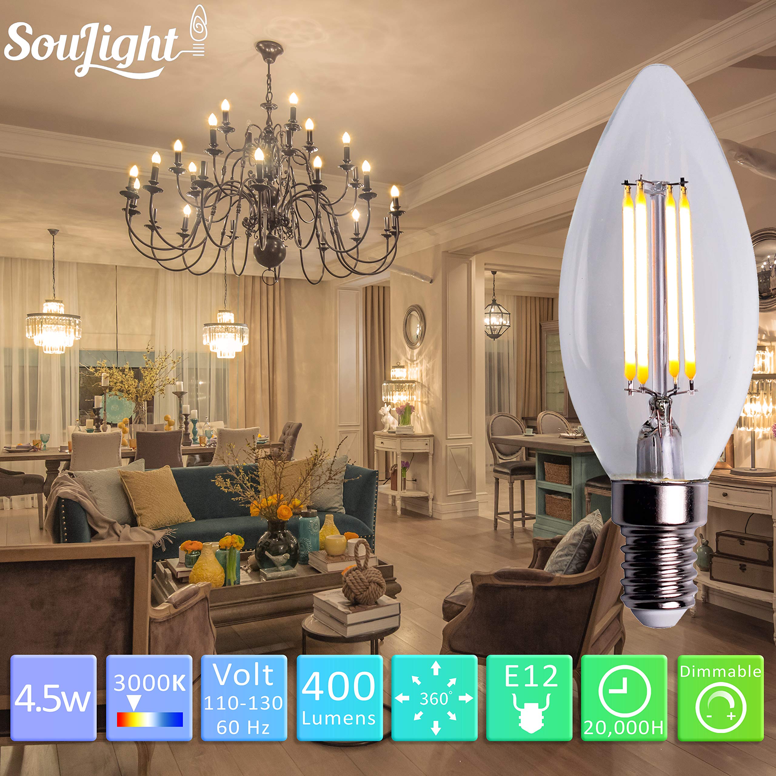 Dimmable B11 E12 LED Candelabra Base Bulbs – 4 Filament Vintage Style - 4.5 Watt Equivalent 40W Incandescent Bulb - Warm White 3000K - Chandelier led Night Bulbs – Clear - Pack of 12