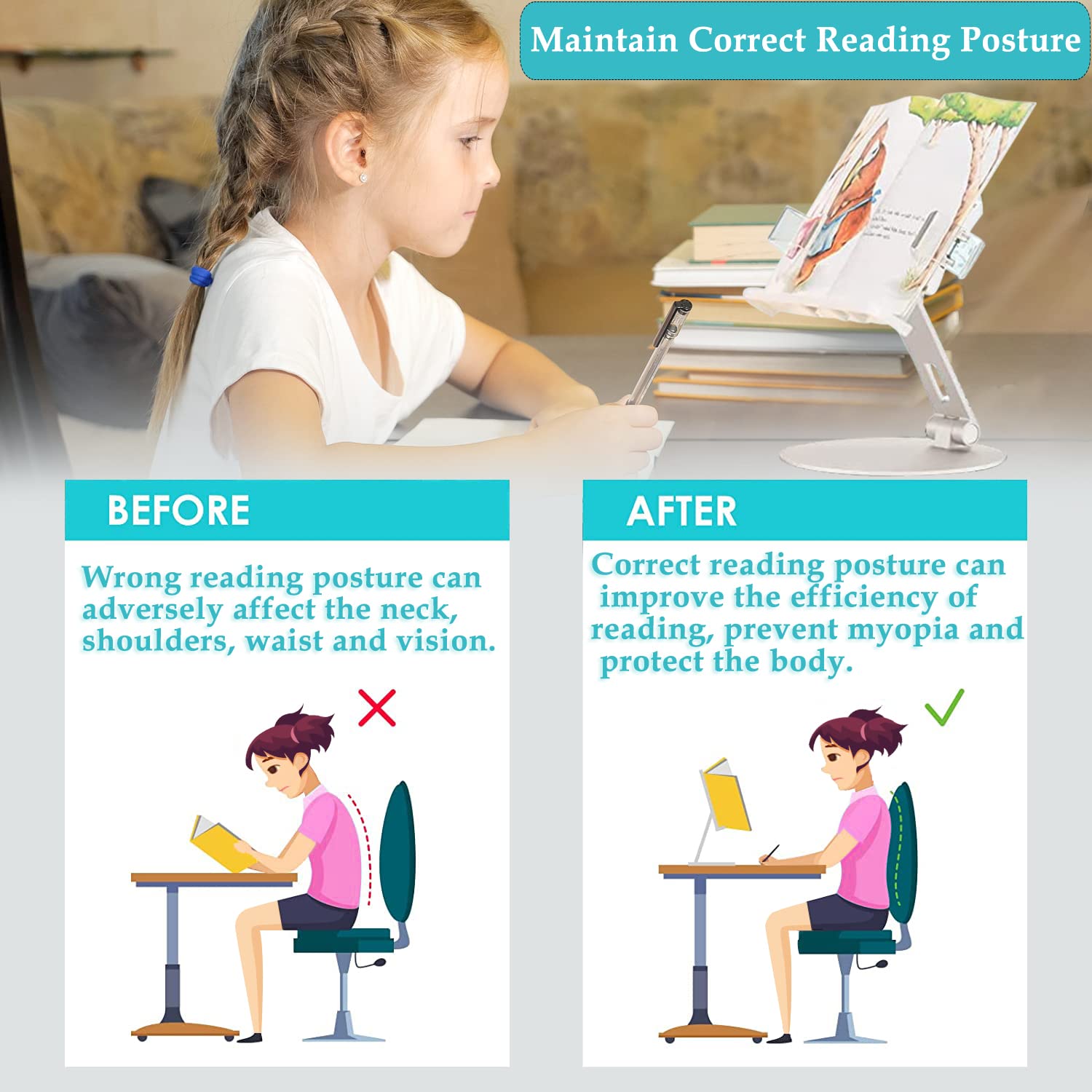 Gearking Book Stand for Reading 360° Rotate Adjustable Book Holder Multi Heights Angles Adjustable Cooking Bookstands for Child Textbook/Recipe/Magazine/Ipad