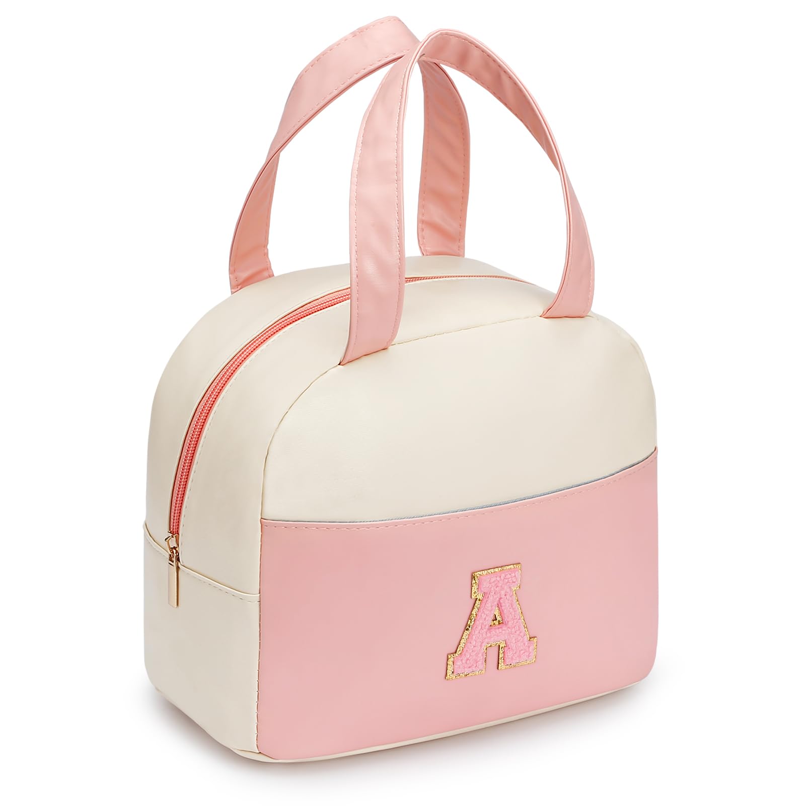 DIRGEE Lunch Bag for Women Insulated Lunch Bag For Men PU leather Small Lunch Bag for Office Work lunch Bag with Chenille Letters Leakproof Freezable Cooler Bag Reusable Portable Lunch Box E