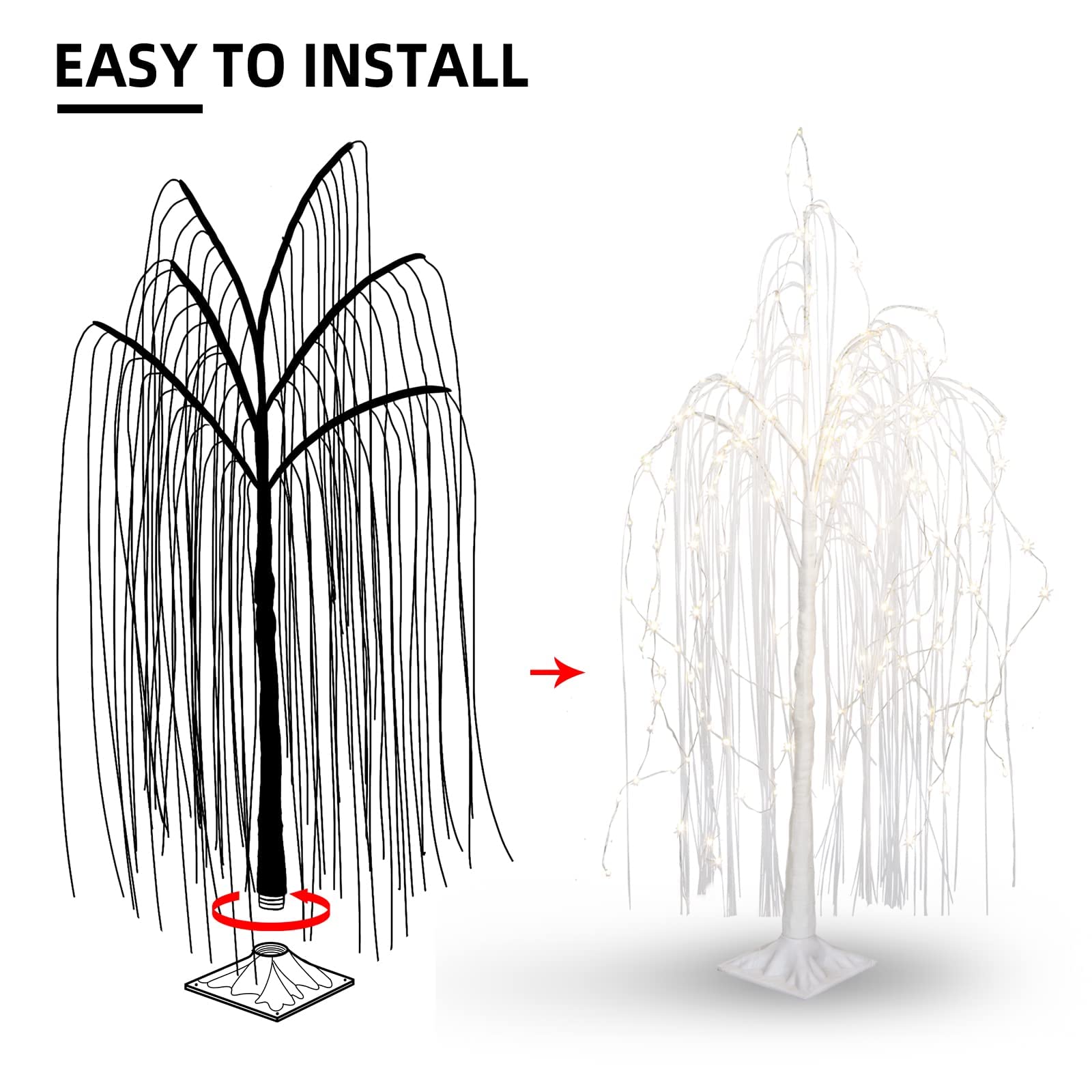 EAMBRITE 4FT Lighted Willow Tree, Weeping Willow Artificial Tree with 180 Twinkle Fairy Lights, White Christmas Tree for Home Office Holiday Party Indoor Outdoor Decoration