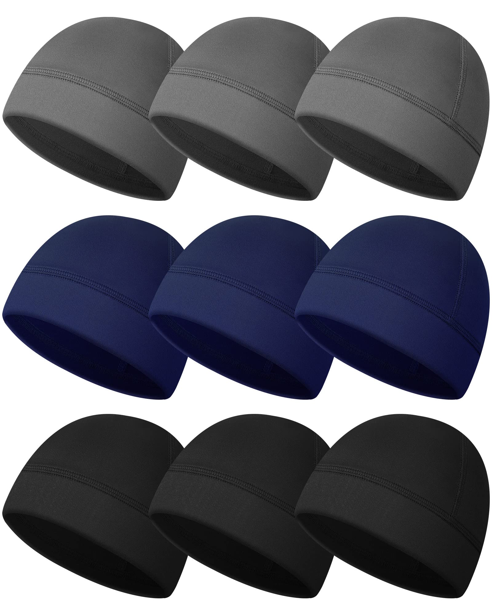 Foaincore 9 Pcs Winter Fleece Helmet Men Liners Warm Skull Cap Beanie Hats Running Cycling Hats(Black, Gray, Nay Blue, Spandex)
