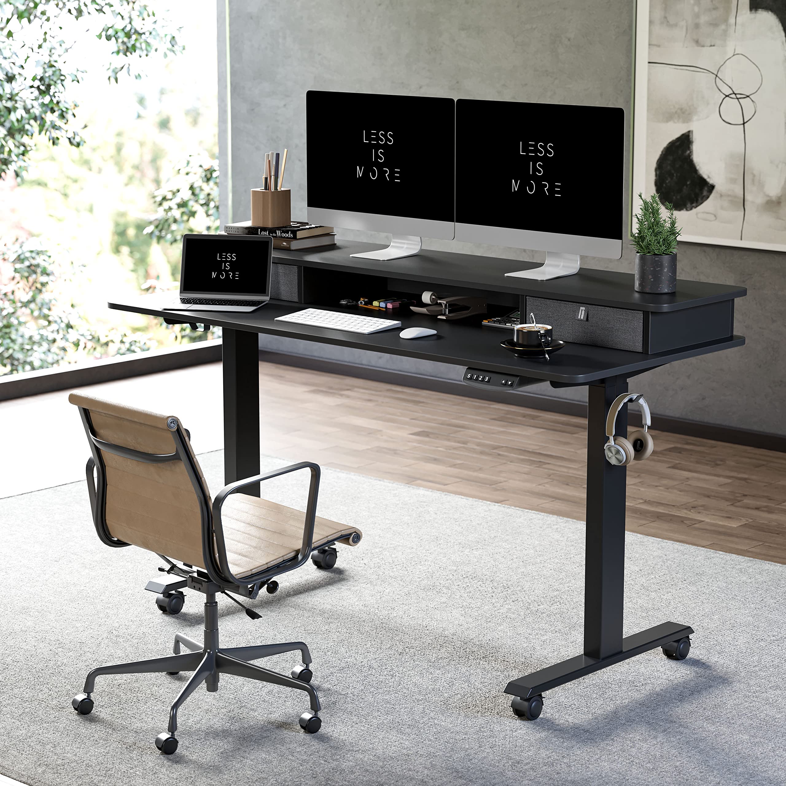 CubiCubi Electric Standing Desk with Double Drawers, 55x24 Inch Height Adjustable Sit Stand Desk with Storage Shelf, Home Office Computer Workstation, Black