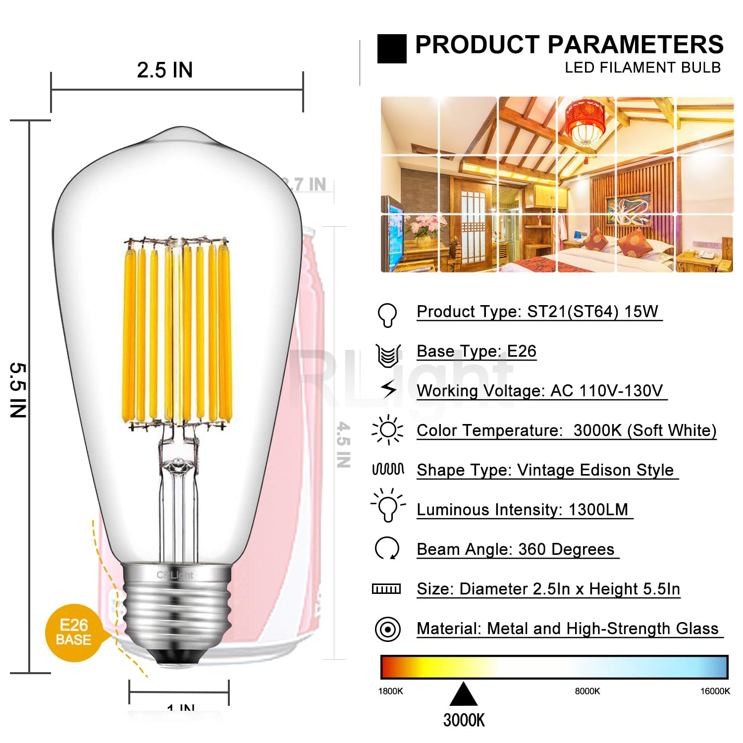 CRLight Dimmable LED Edison Bulb 15W 3000K Soft White 130W Equivalent 1300 LM, E26 Medium Base Antique ST64 Lengthened Filament LED Bulbs, Smooth Dimming Version, 2 Pack