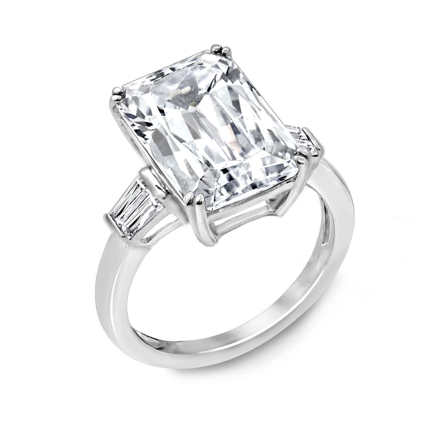 DIAMONBLISS Platinum plated Sterling Silver Emerald Cut Cubic Zirconia 3-Stone Anniversary Wedding Engagement Ring 10 CTW, Size 7