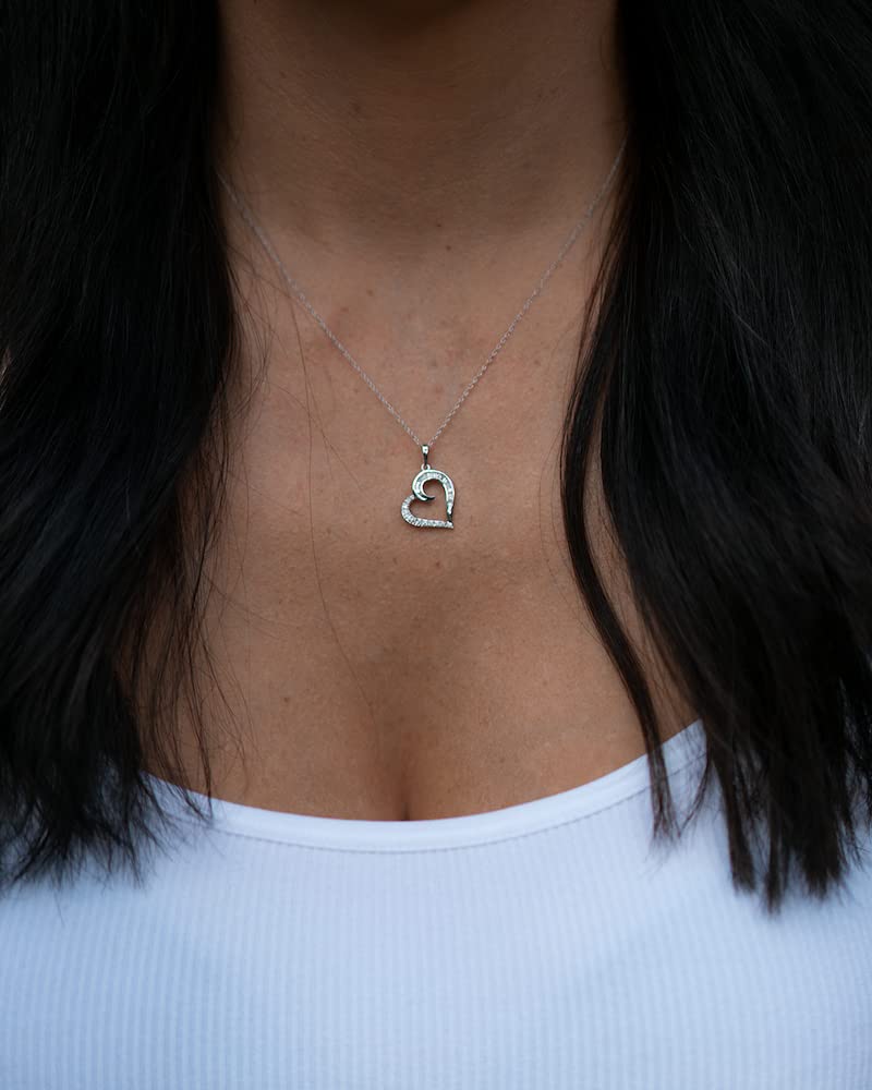 Diamond Heart Pendant Necklace 1/8 cttw Round and Baguette Diamonds in 10k White Gold - 18 Inch Chain