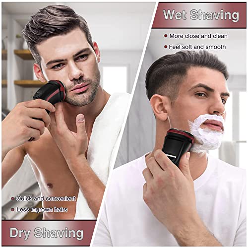 MAX-T Men's Electric Shaver - Corded and Cordless Rechargeable 3D Rotary Shaver Razor for Men with Pop-up Sideburn Trimmer Wet and Dry Painless 100-240V Red