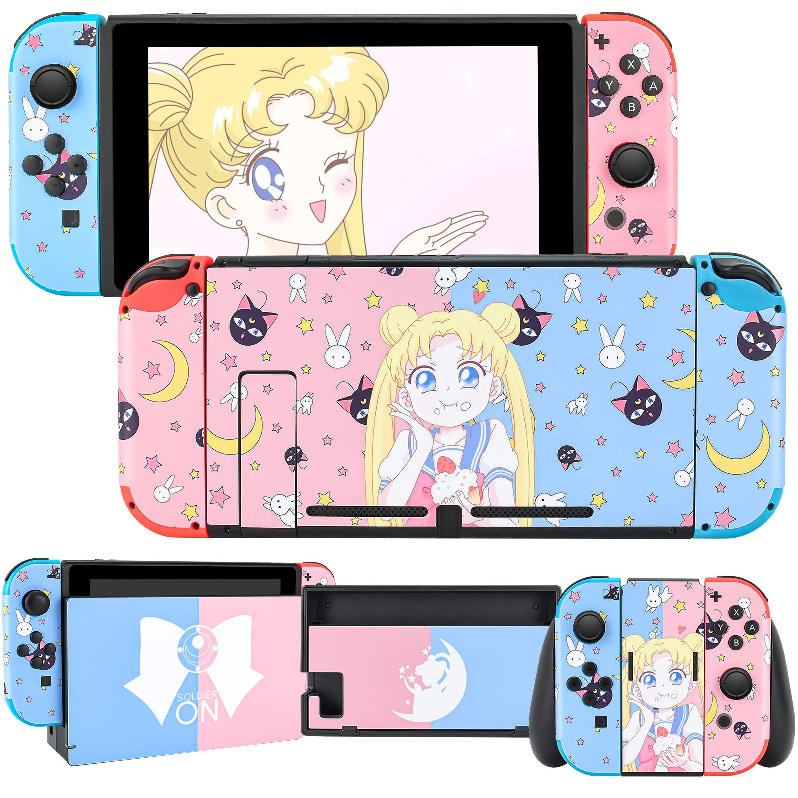 DLseego Switch Skin Sticker Pretty Pattern Full Wrap Skin Protective Film Sticker Design for Switch-Blue and Pink Moon Girl