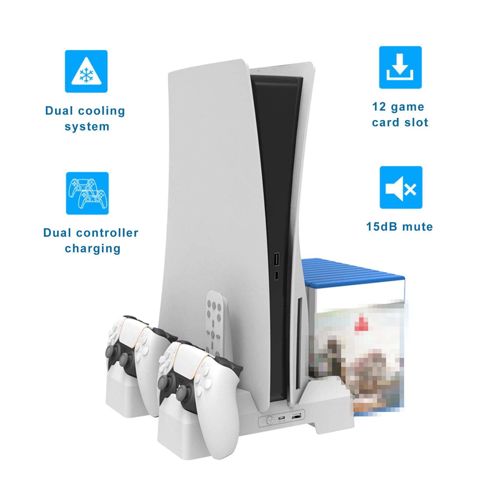 DUORT PS5 Stand ,ps5 Cooling Station with Dual Controller Charger ,15dB Mute Cooling Fan with USB Port for ps5 Console, fits for PS5 Disc & Digital Editions.