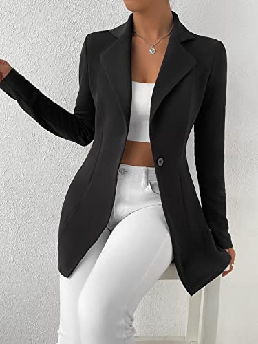 MakeMeChic Women's Button Front Lapel Collar Long Sleeve Blazer Jackets Coat Regular Black A L