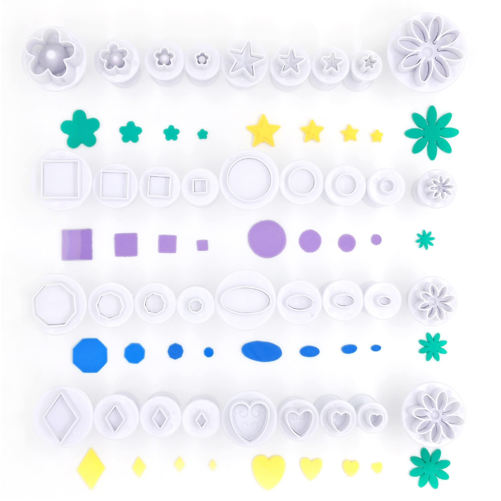Fondant Cuttersļ¼Mini Plunger Cutter Cake Decorating Supplies,36pcs,Heart/Square/Oval/Circular/Polygon/Star/Diamond/Sunflower/Plum Flower,White