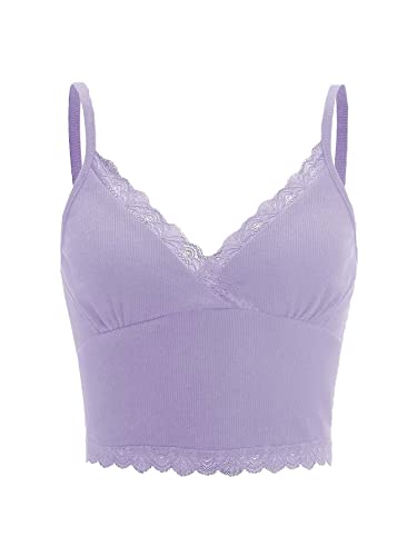 MakeMeChic Women's Y2K Lace Trim V Neck Sleeveless Cami Crop Top Camisole Lilac Purple XS